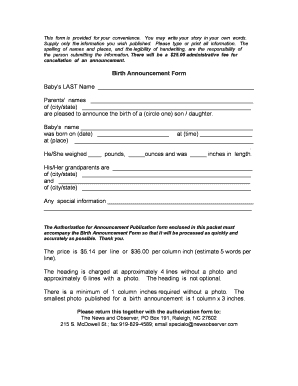 Fillable Online Birth Announcement Form - The News & Observer Fax Email ...