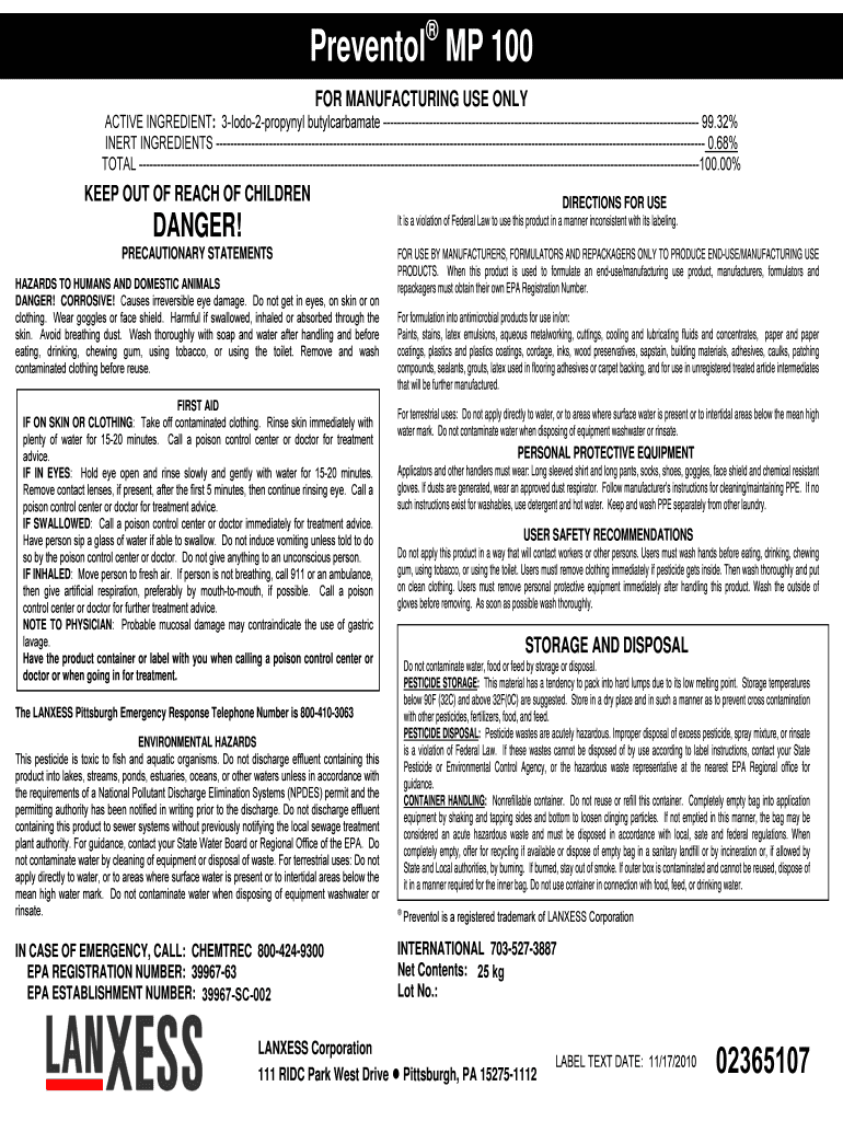 Fillable Online Preventol MP 100 label 111710.doc Fax Email Print ...