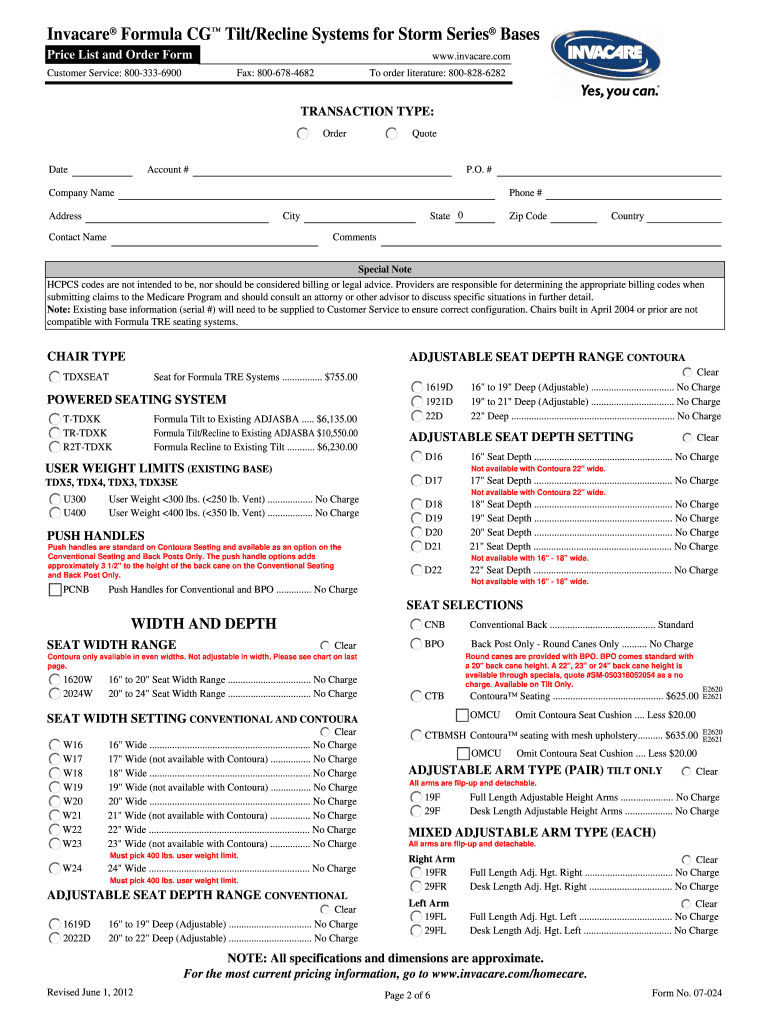 Fillable Online Invacare® Formula CG™ Tilt/Recline Systems for Storm ...