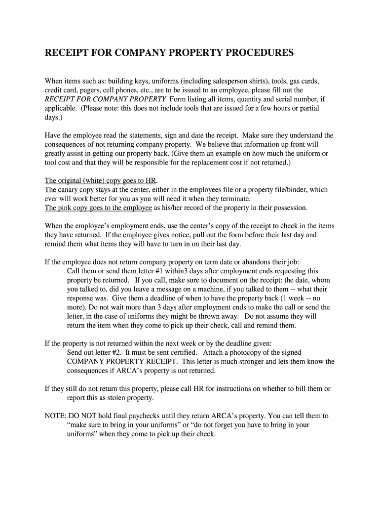 Fillable Online Receipt for Company Property Procedures Fax Email Print ...