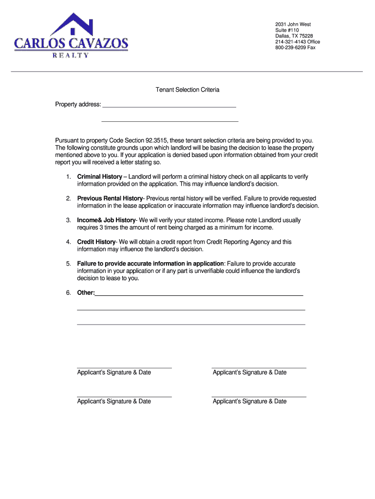 Fillable Online Tenant Selection Criteria Fax Email Print - pdfFiller