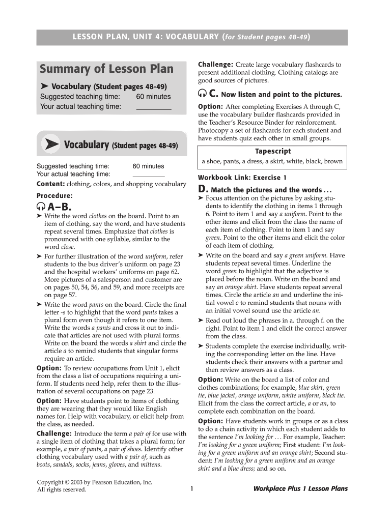 Fillable Online LESSON PLAN, UNIT 4: VOCABULARY (for Student pages 48 ...