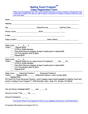 Fillable Online Printable Registration Form - Healing Touch Program Fax ...