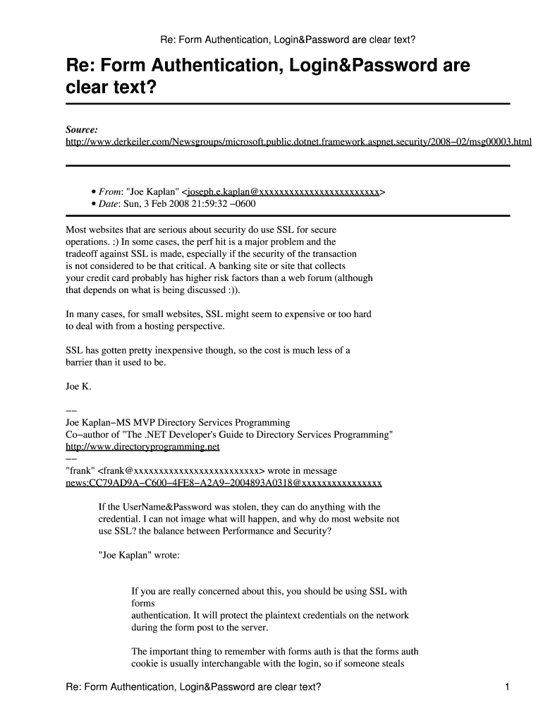 Fillable Online Re: Form Authentication, Login&Password are clear text? Fax Email Print - pdfFiller