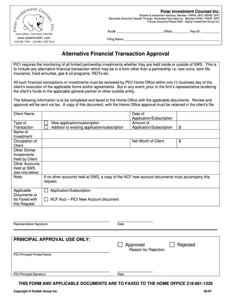 Fillable Online Alternative Financial Transaction Approval Form Fax ...