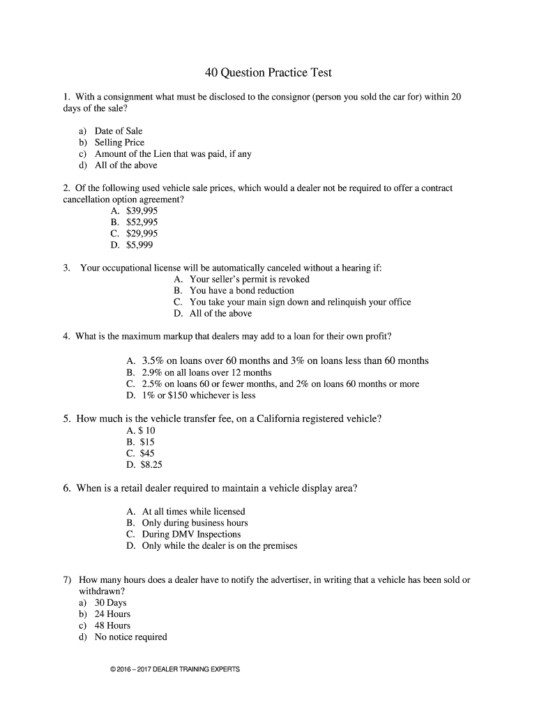 Fillable Online Dealer Practice Test Fax Email Print - pdfFiller