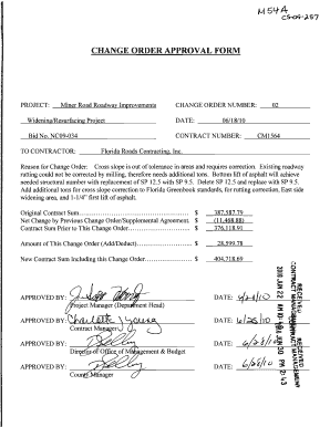 Fillable Online CHANGE ORDER APPROVAL FORM PROJECT: Miner Road Roadway ...