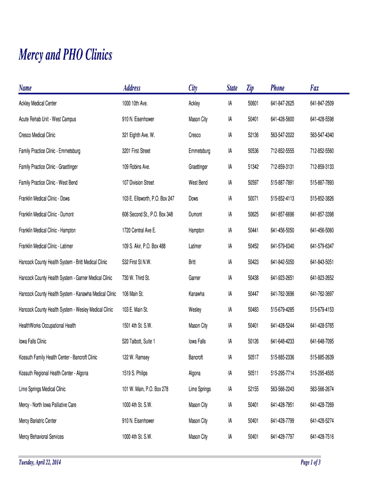 Fillable Online Mercy and PHO Clinics - Mercy Medical Center-North Iowa ...