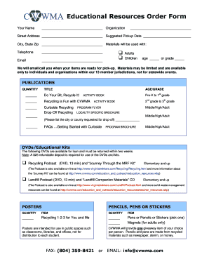 Fillable Online Educational Resources Order Form - CVWMA Fax Email ...