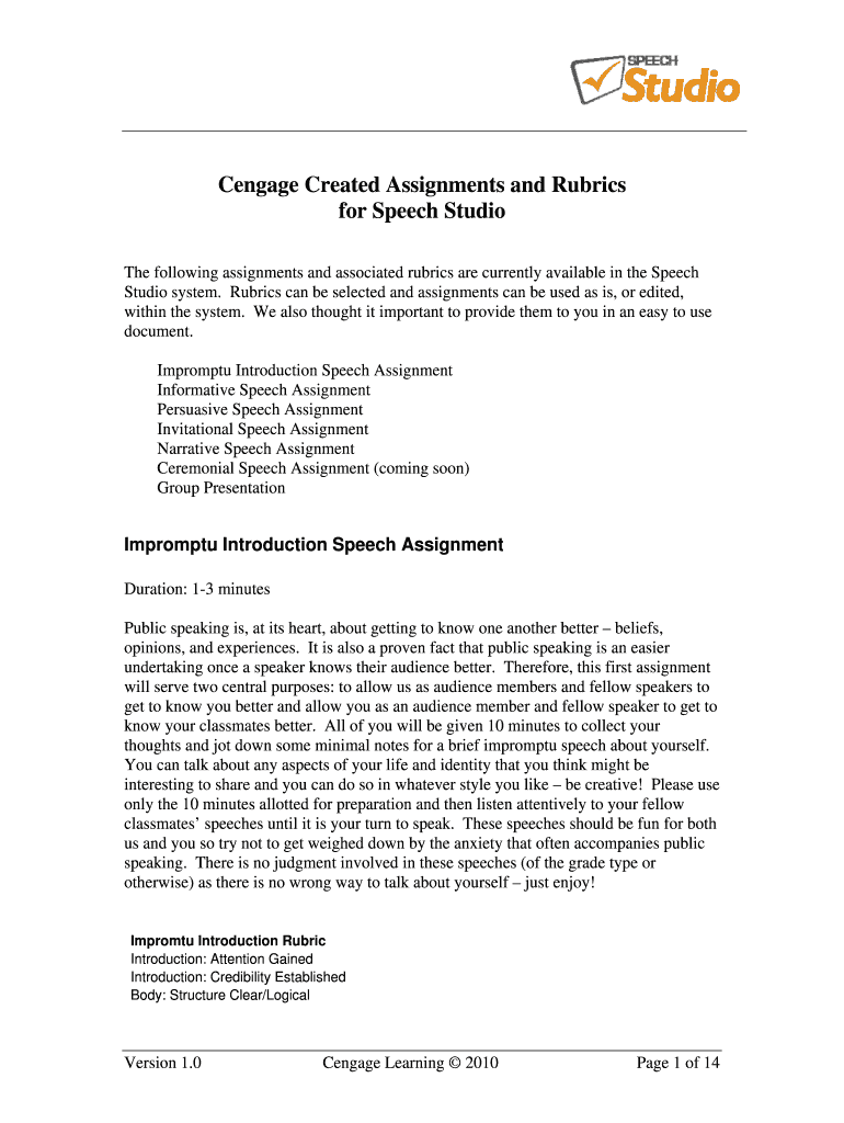 Fillable Online Cengage Created Assignments and Rubrics for Speech Studio Fax Email Print ...