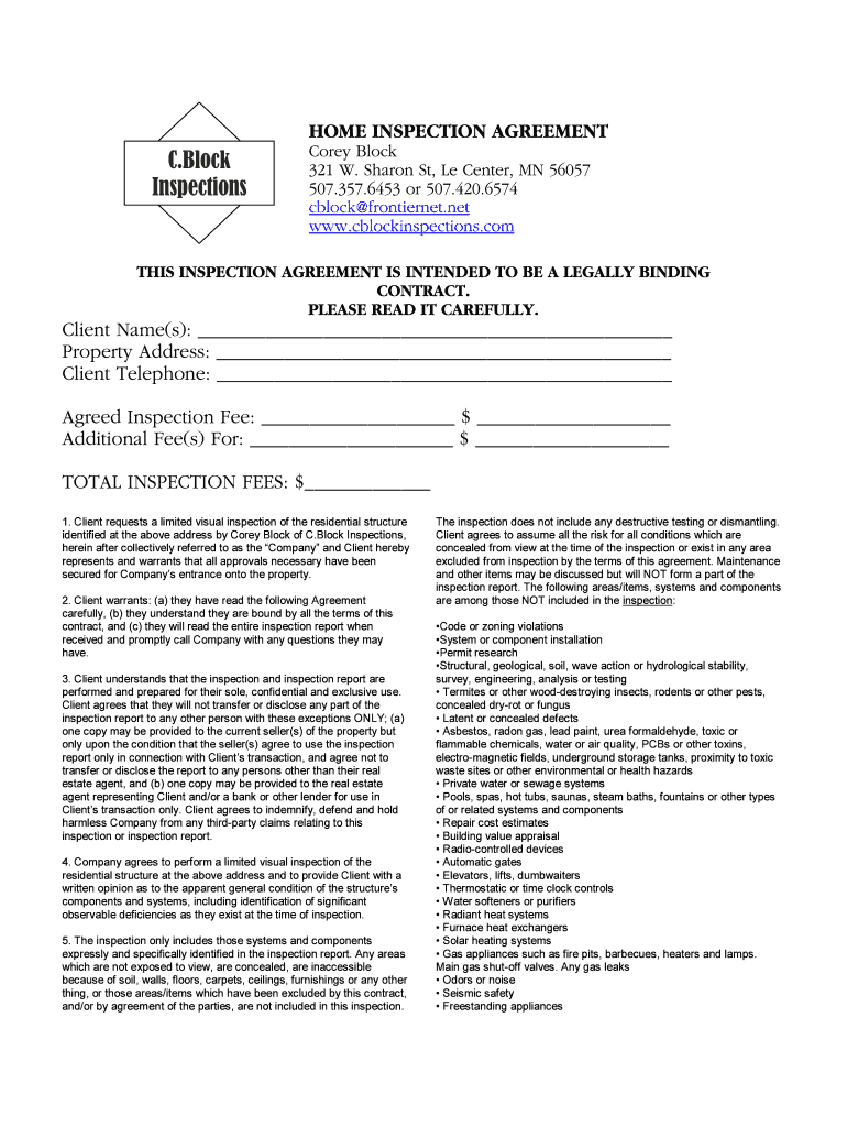 Fillable Online Home Inspection Agreement Fax Email Print - pdfFiller