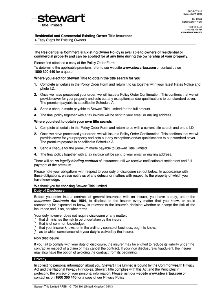 Fillable Online Residential and Commercial Existing Owner Title ...