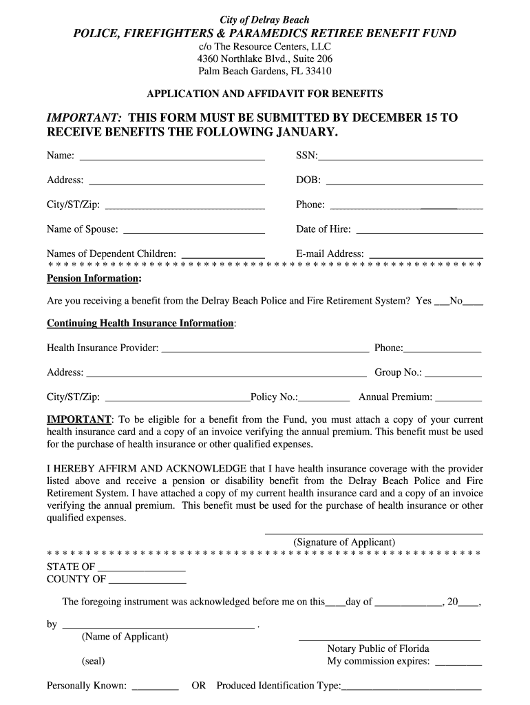 Fillable Online Police, Firefighters & Paramedics Retiree Benefit Fund ...