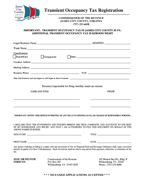 Fillable Online Transient Occupancy Tax bApplicationb - James City County Economic bb Fax Email ...