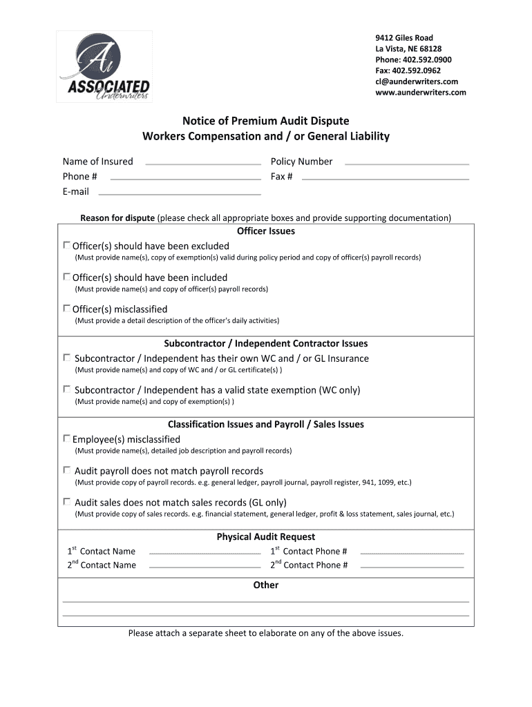 Fillable Online Notice of Premium Audit Dispute Fax Email Print - pdfFiller