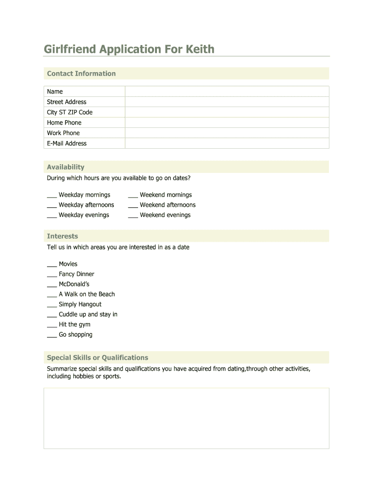 Girlfriend Application Fill Online Printable Fillable Blank 