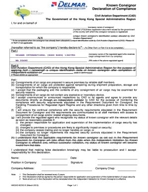Fillable Online KNOWN CONSIGNOR FORM - Delmar International ... - PDF ...