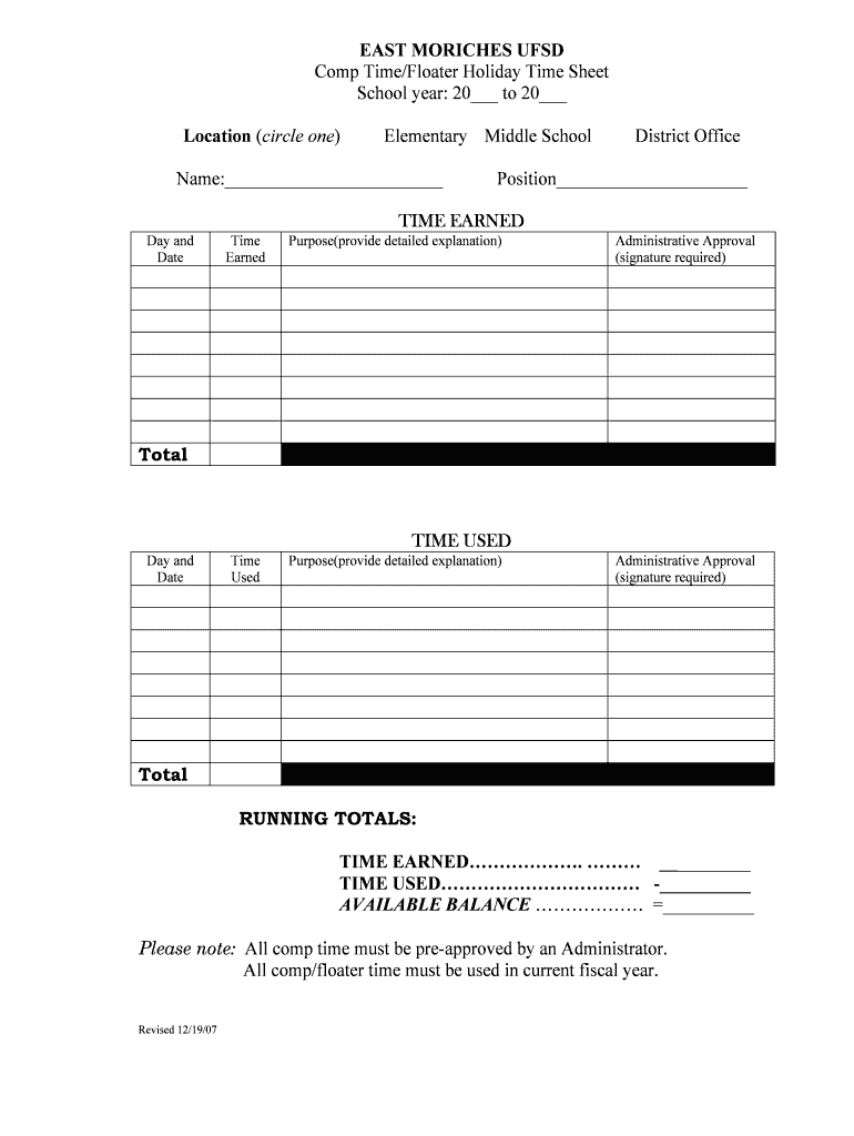 Fillable Online Comp time sheet 2007 - East Moriches Union Free School ...