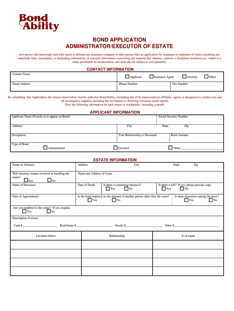 Fillable Online Administrator Bond Application - BondAbility Fax Email ...