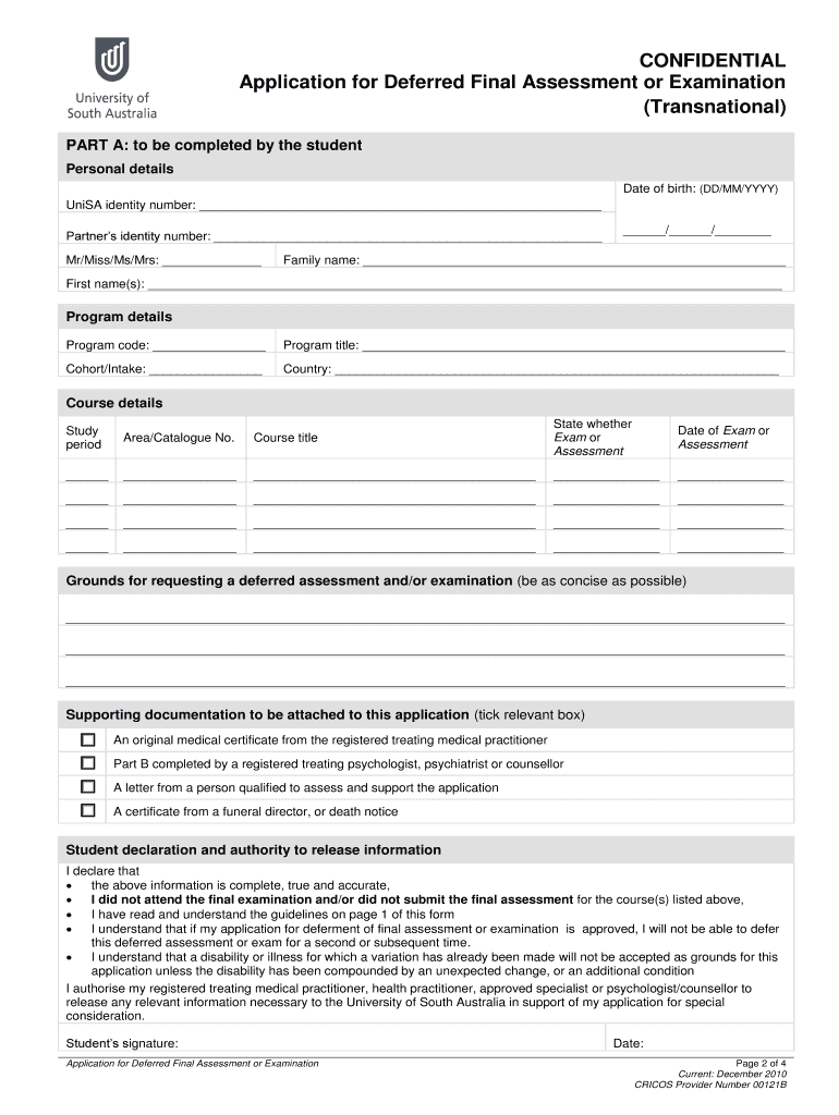 Fillable Online BApplicationb for bDeferredb Assessment or Examination - University of bb Fax ...
