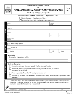 Fillable Online Vermont Sales Tax Exemption Certificate for PURCHASES ...