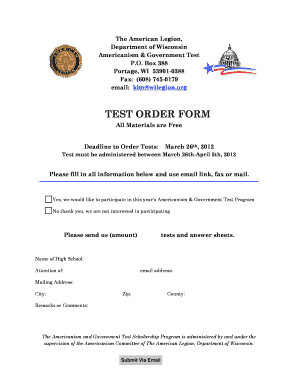 Fillable Online wilegion Test order bformb - American Legion Fax Email ...