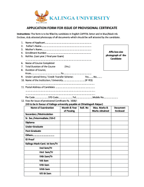 Fillable Online kalingauniversity ac APPLICATION FORM FOR PROVISIONAL ...