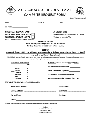 Fillable Online bwc-bsa 2016 CUB SCOUT RESIDENT CAMP CAMPSITE REQUEST ...