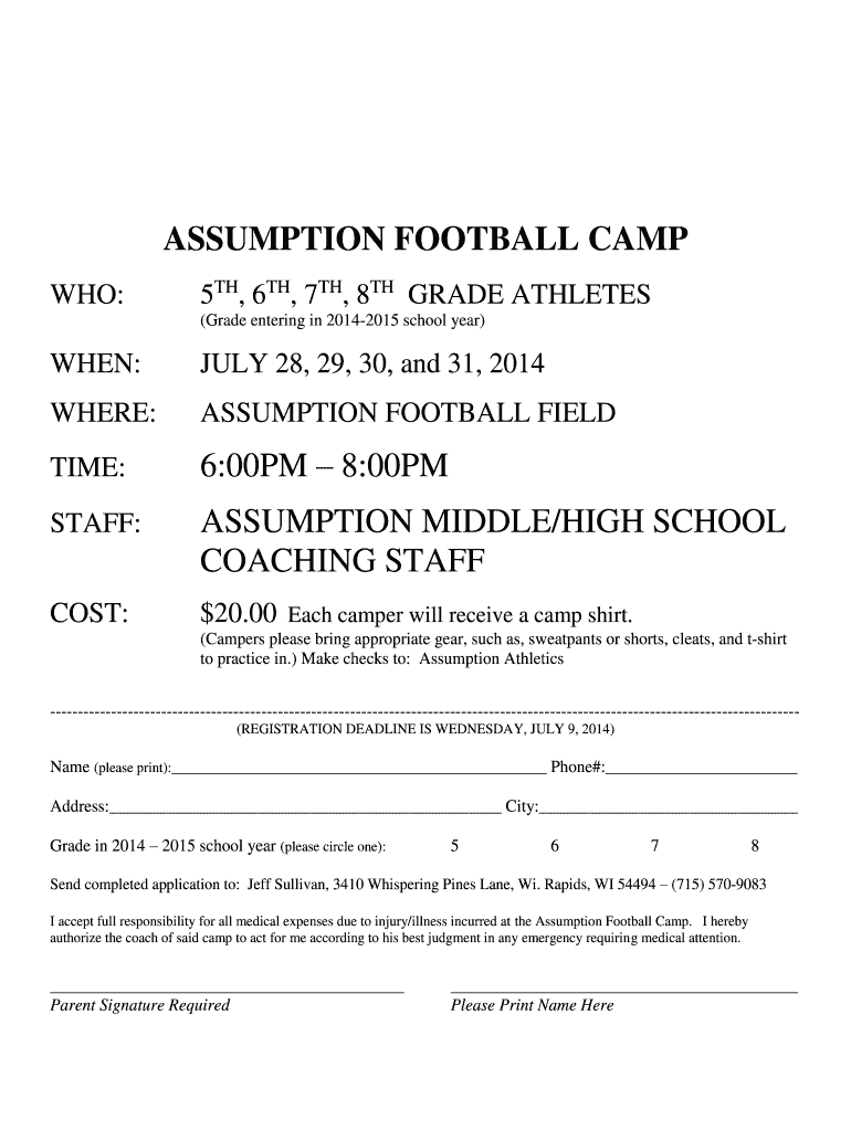 Fillable Online ASSUMPTION FOOTBALL CAMP - Assumption High School Fax ...