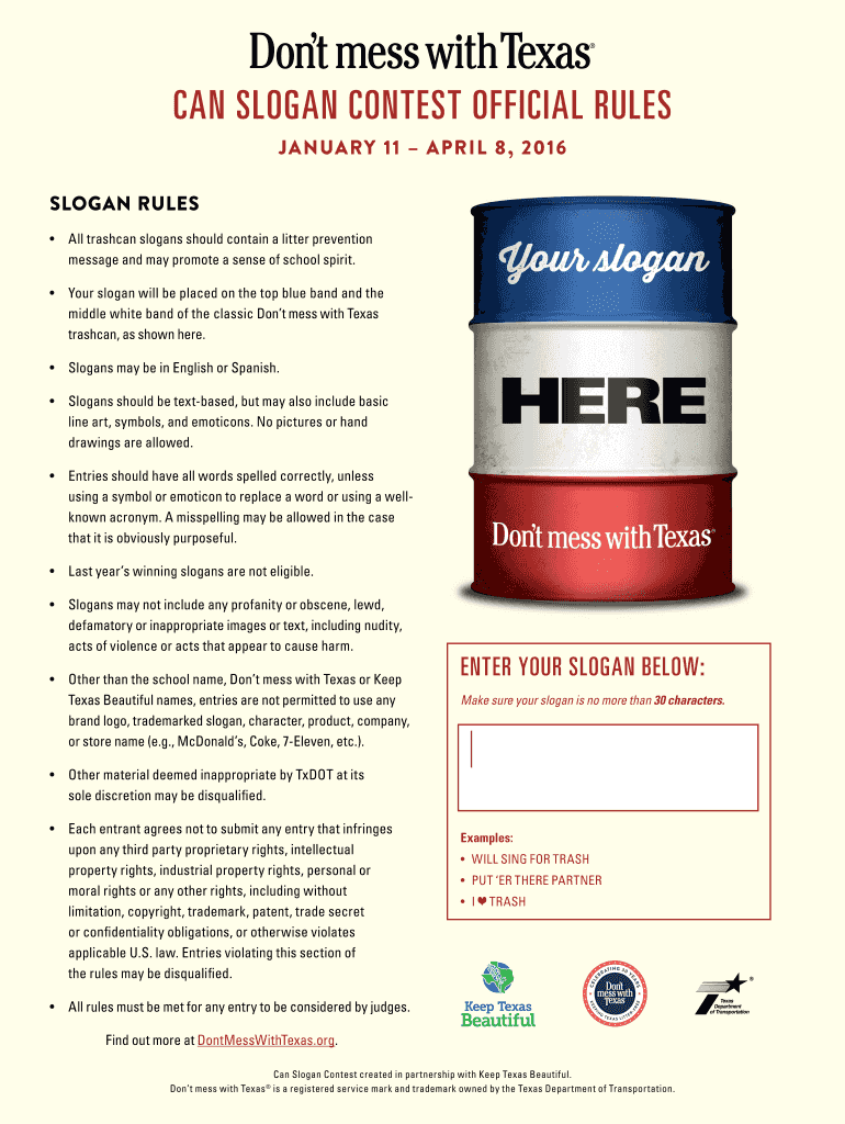 Fillable Online CAN SLOGAN CONTEST OFFICIAL RULES JANUARY 11 APRIL 8 ...