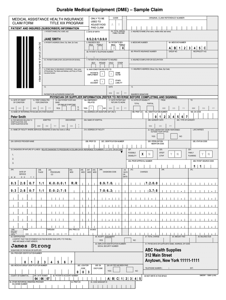 Fillable Online emedny Durable Medical Equipment DME Sample Claim ...