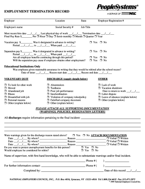 Fillable Online EMPLOYMENT TERMINATION RECORD - People Systems Fax ...