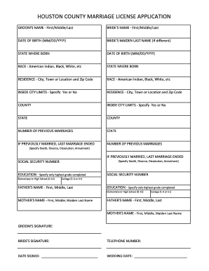 Fillable Online HOUSTON COUNTY MARRIAGE LICENSE APPLICATION Fax Email ...