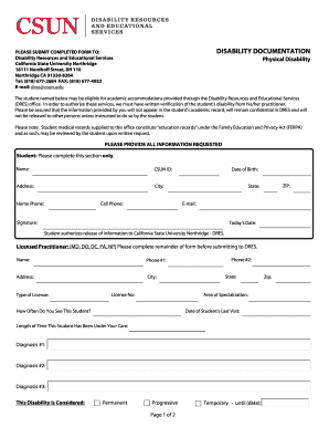 Fillable Online csun DISABILITY DOCUMENTATION Disability Resources and ...