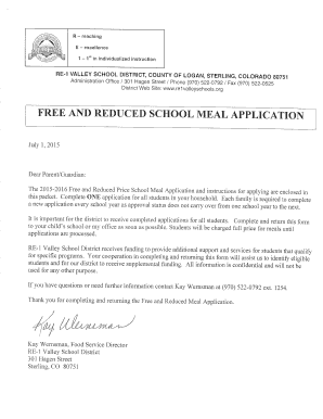 Fillable Online re1valleyschools 15-16 Free and Reduced Lunch ...
