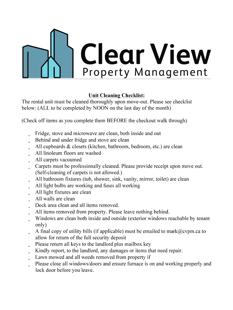 Fillable Online Unit Cleaning Checklist: Fax Email Print - pdfFiller