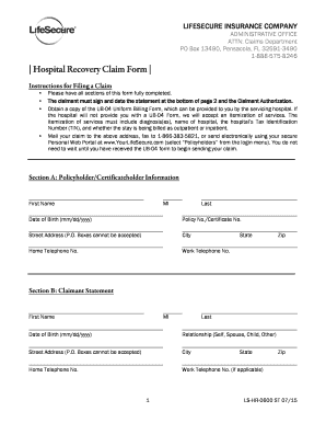Fillable Online Hospital Recovery Claim Form - LifeSecure Insurance Fax ...