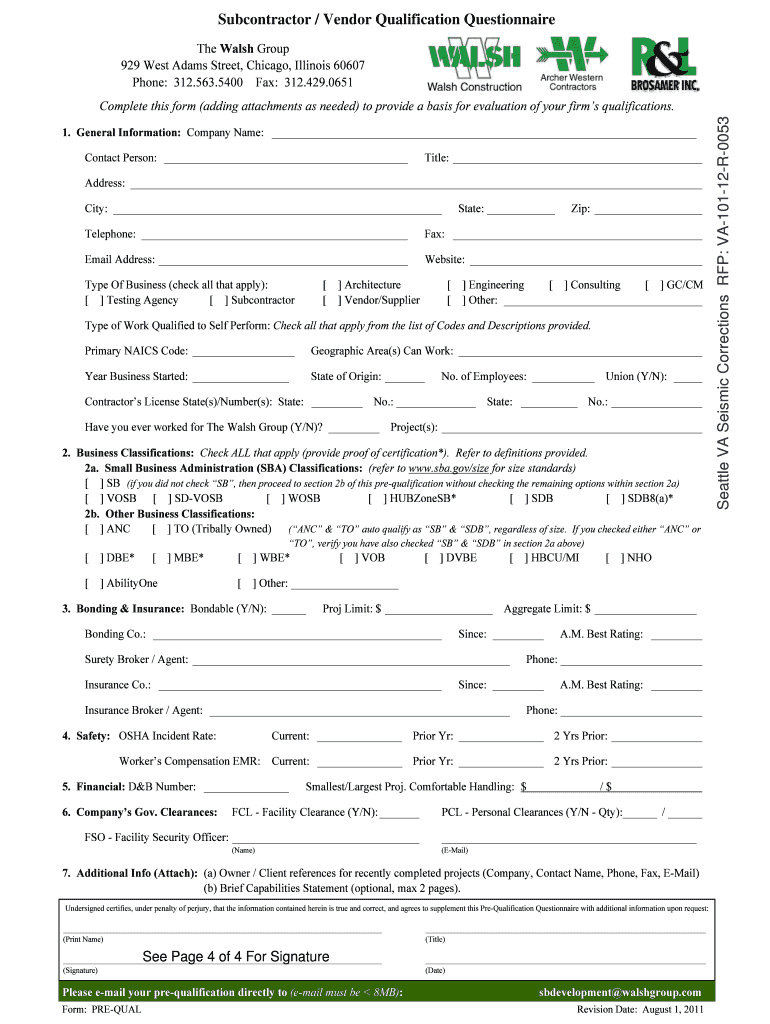 Fillable Online Subcontractor Vendor Qualification Questionnaire Fax ...