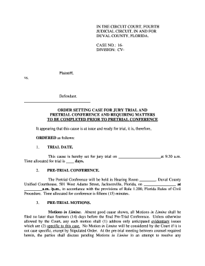 Fillable Online Pretrial Conference Jury Trial Order setting Form ...