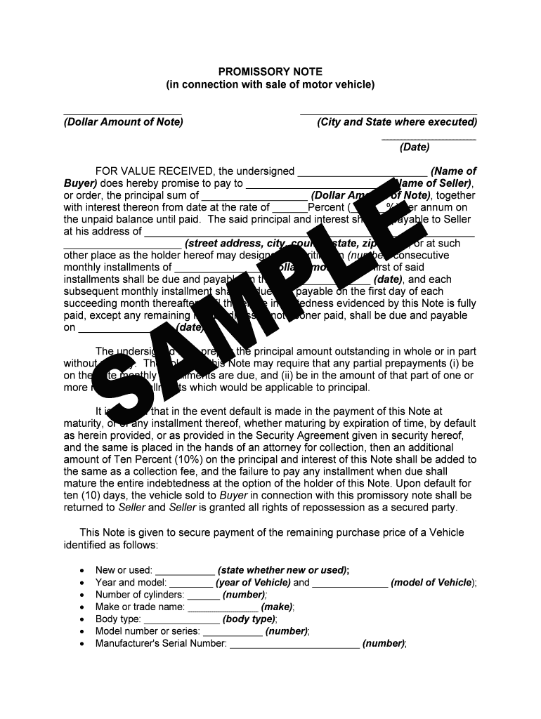 Fillable Online PROMISSORY NOTE in connection with sale of motor ...