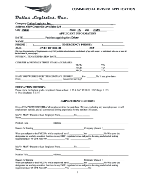 Fillable Online COMMERCIAL DRIVER APPLICATION - dallaslgcom Fax Email ...