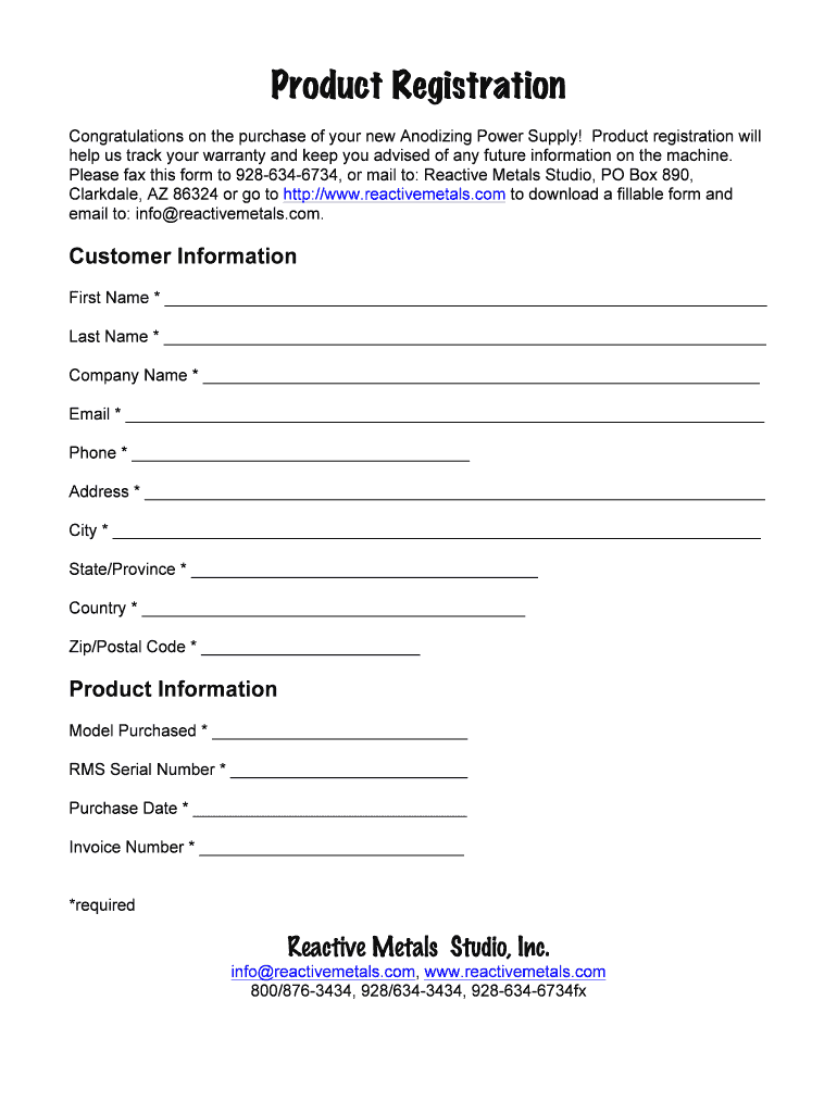 Fillable Online Product Registration - reactivemetalscom Fax Email ...