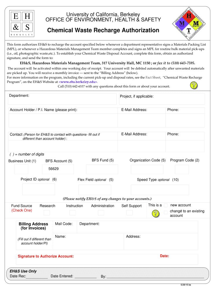 Fillable Online ehs berkeley Recharge Authorization Form Fax Email ...