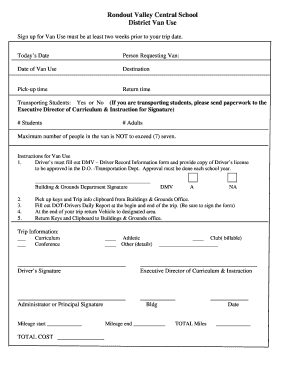 Fillable Online Van Use 14-15 - Rondout Valley High School Fax Email ...