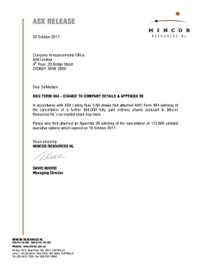 Fillable Online ASX Release -ASIC Form 484 App 3B Oct 2011 Fax Email ...