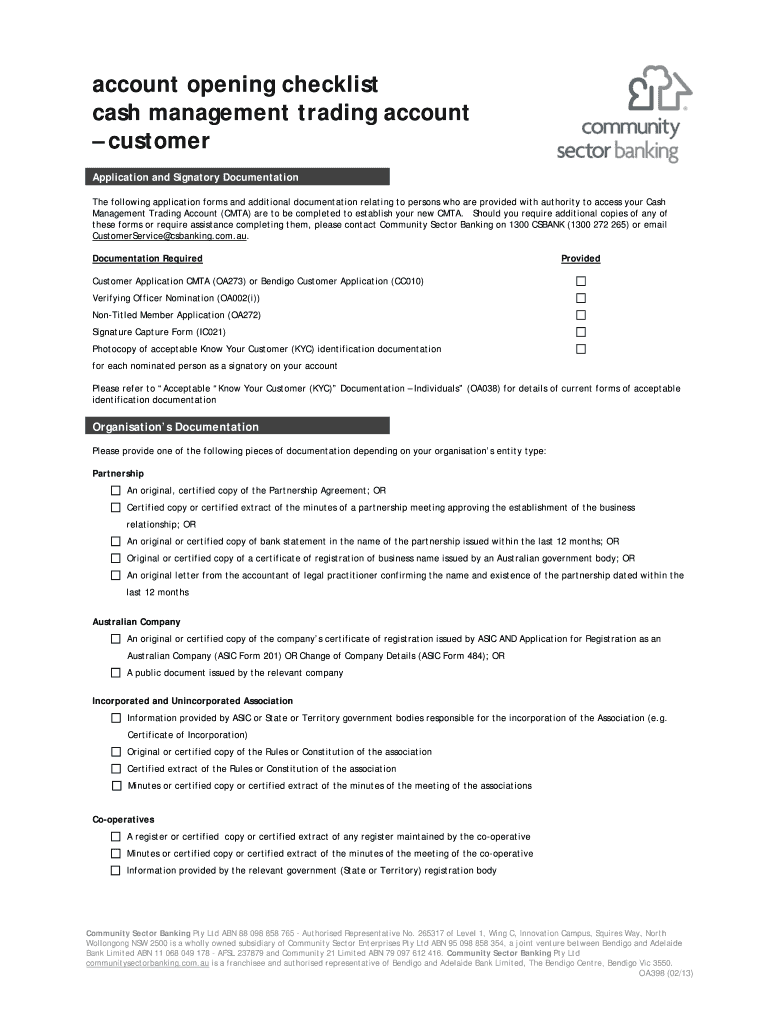 Fillable Online Account Opening Checklist - Community Sector Banking ...