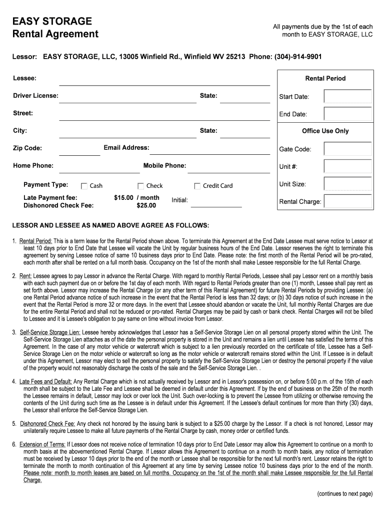 Fillable Online EASY STORAGE Rental Agreement month to EASY STORAGE LLC ...