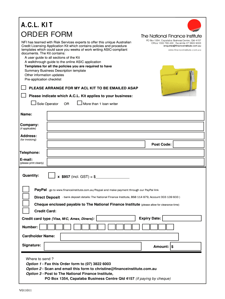 Fillable Online NFI ACL Kit Order Form - The National Finance Institute ...