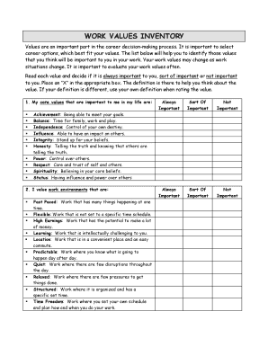 Fillable Online WORK VALUES INVENTORY Fax Email Print - pdfFiller