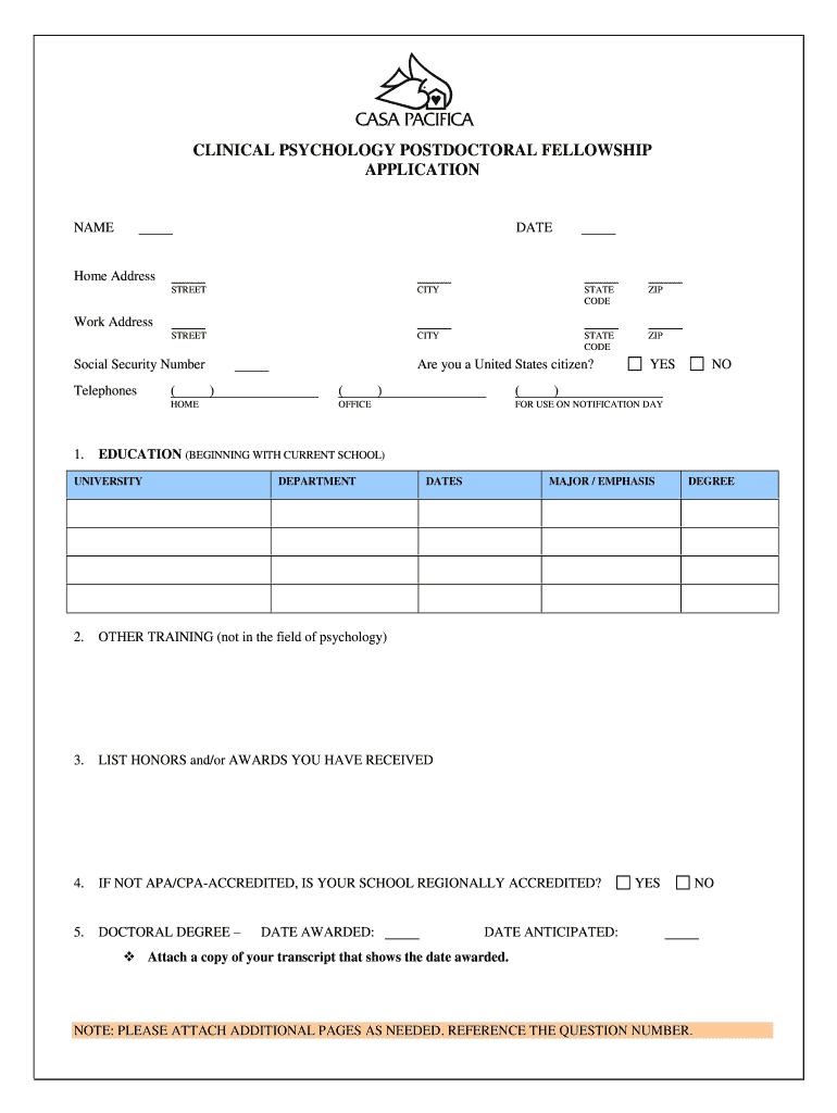 Fillable Online CLINICAL PSYCHOLOGY POSTDOCTORAL FELLOWSHIP Fax Email ...
